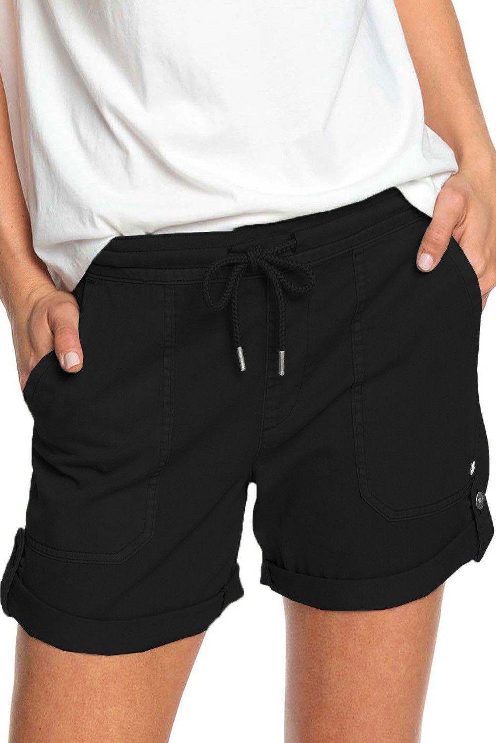 US$ 6.88 Dropship Black Elastic Waistband Pocket Drawstring Shorts with ...