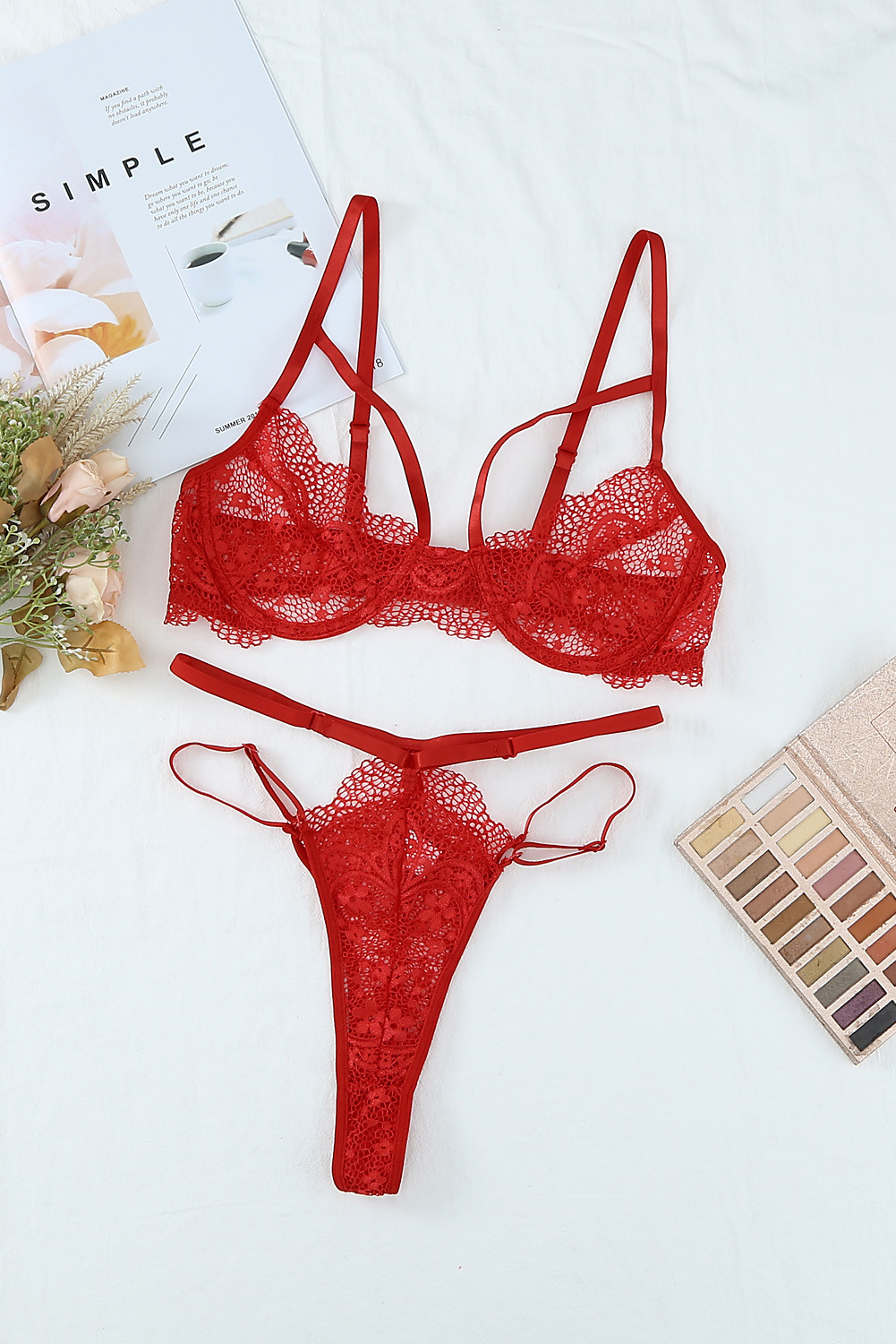 Us 5 06 Dropship Red Cadged Strappy Lace Bralette Set