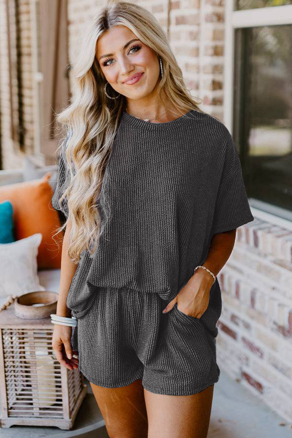 $ 17.55 - Carbon Grey Ribbed Textured Knit Loose Fit Tee and Shorts Set ...