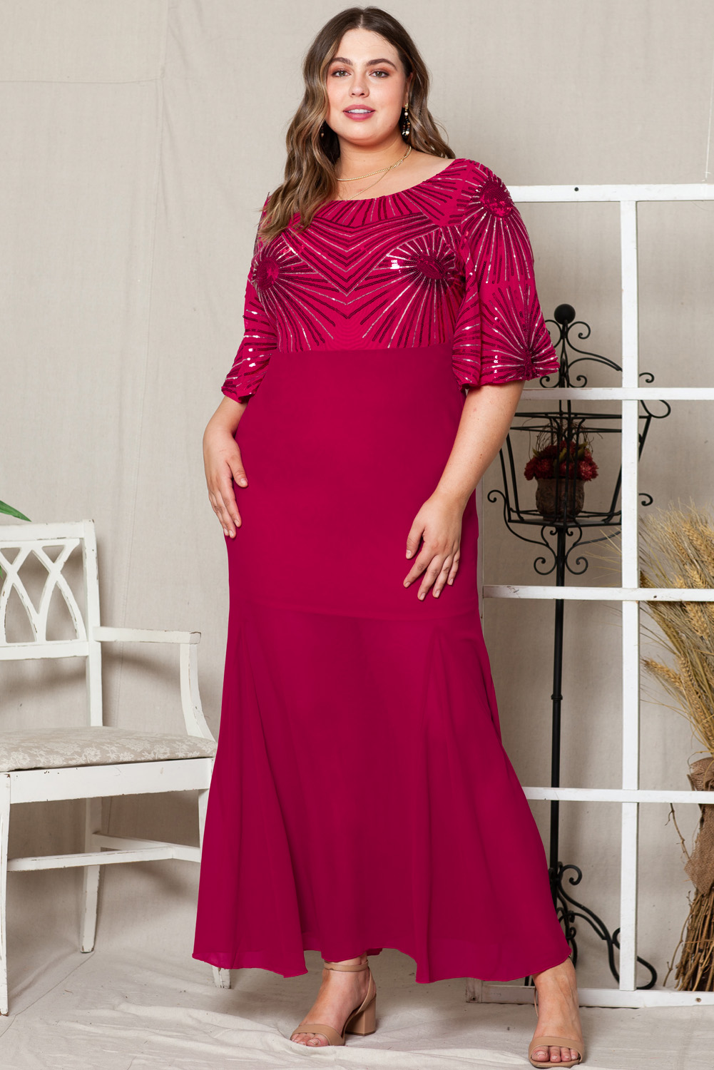 Red Sequin Mesh Open Back Plus Size Maxi Dress Wholesale $ 32.4 - 66Disco