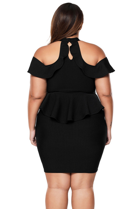 Sexy Black Plus Size Cold Shoulder Peplum Bodycon Dress for Party
