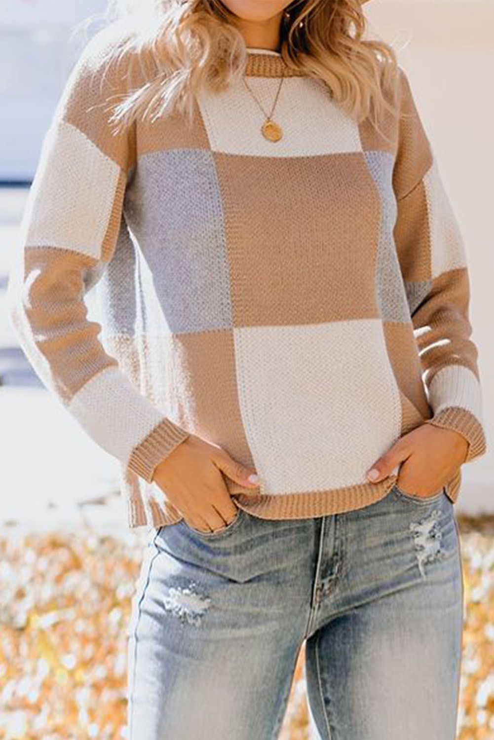 US$9.98 Khaki Checkered Knit Sweater Wholesale - www.dear-lover.com