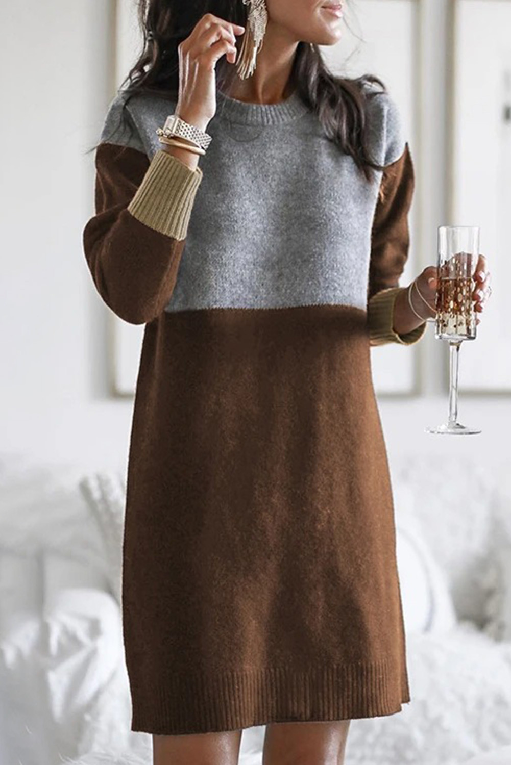 US$12 Brown Colorblock Patchwork Knee Length Sweater Dress Wholesale ...