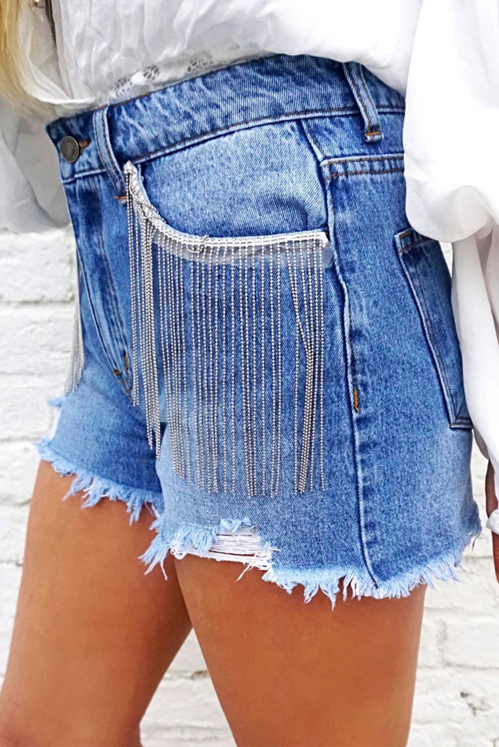 US$8.8 Flirty Fringe Denim Shorts Wholesale Online
