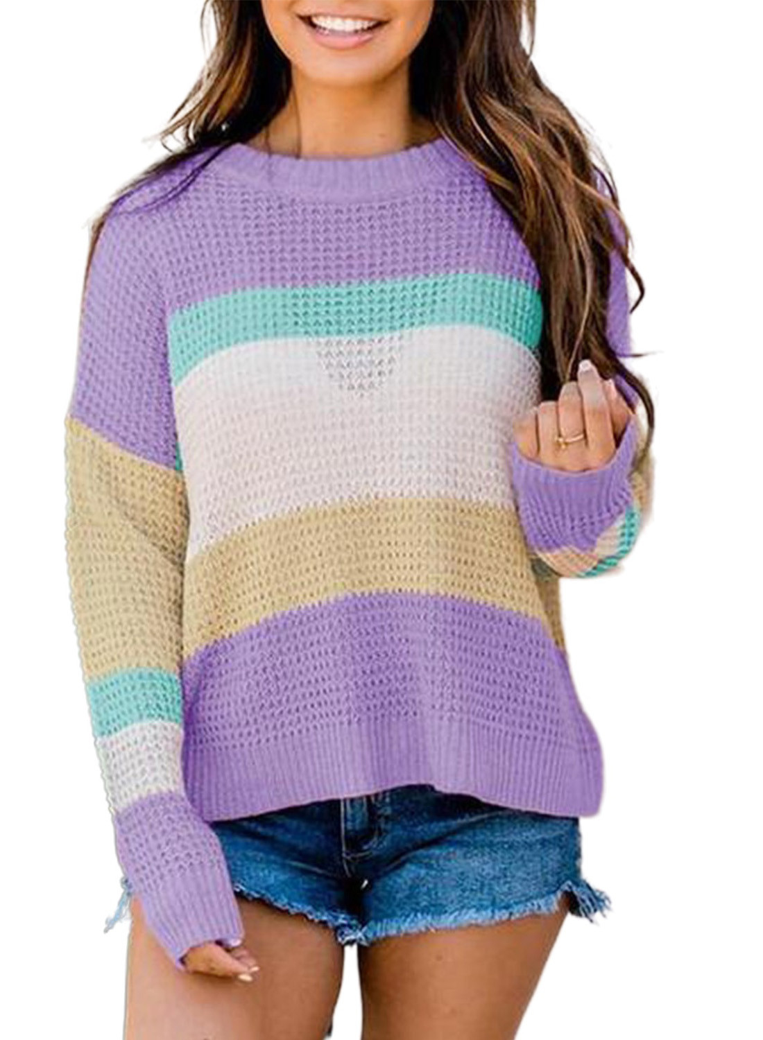 US$9.9 Purple Colorblock Knitted Sweater Wholesale - www.dear-lover.com