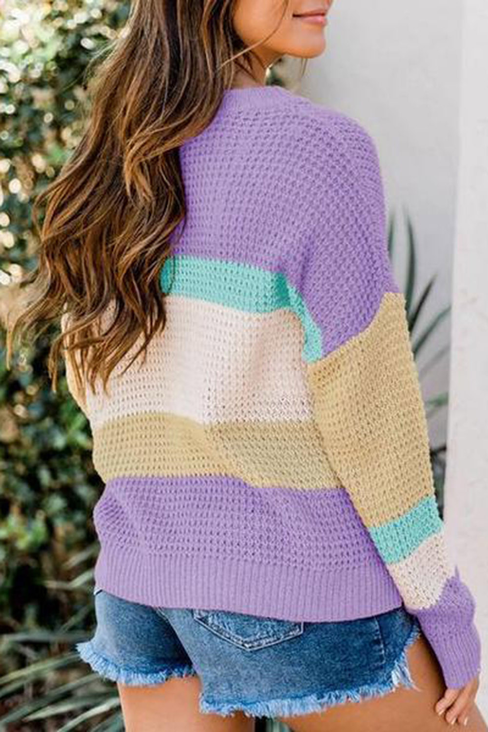 US$9.9 Purple Colorblock Knitted Sweater Wholesale - www.dear-lover.com