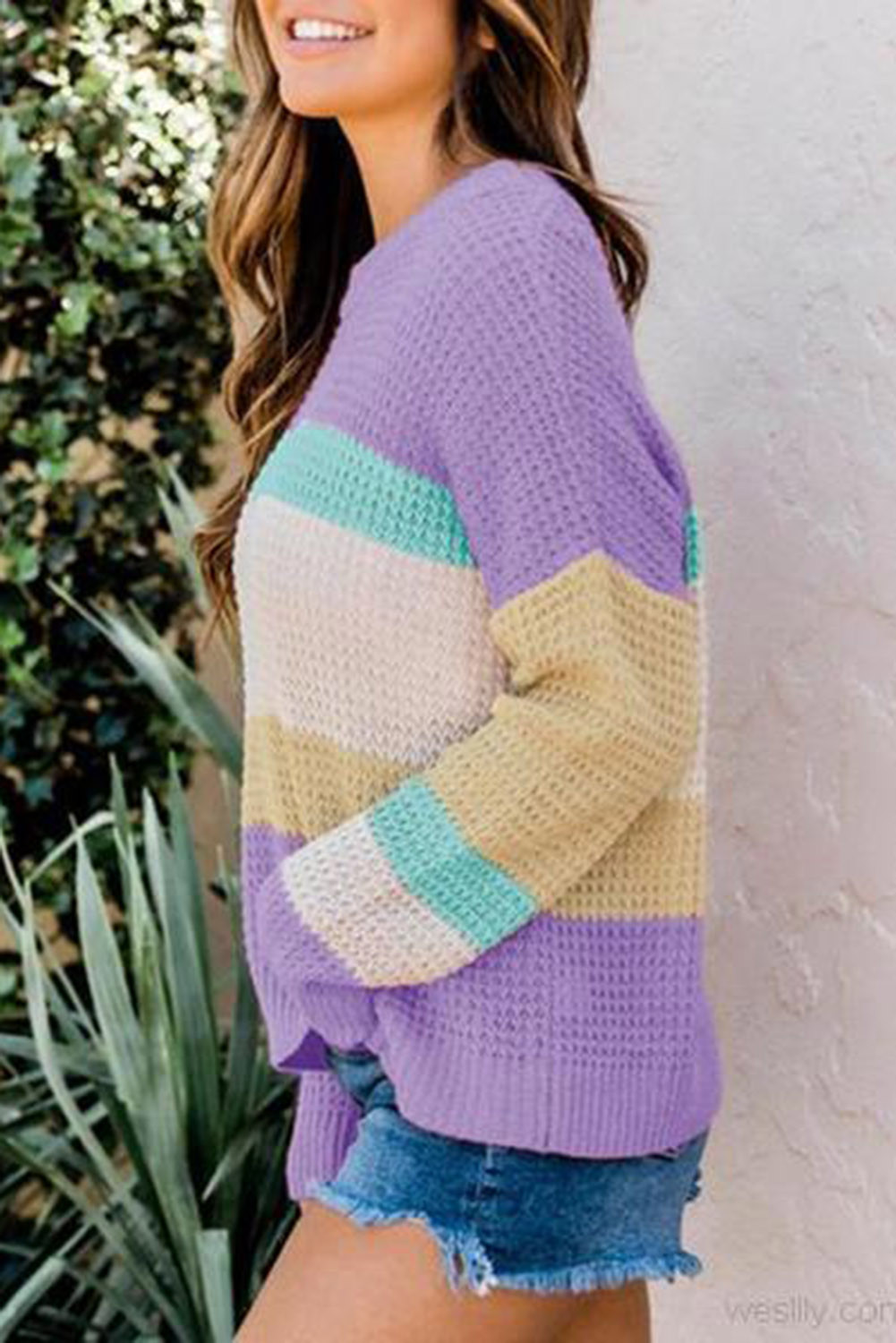 US$9.9 Purple Colorblock Knitted Sweater Wholesale - www.dear-lover.com