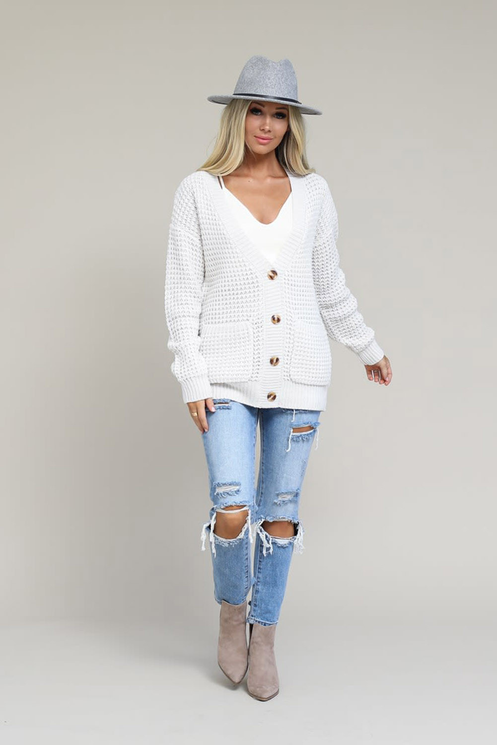US$10.8 White Waffle Pocket Cardigan Wholesale - www.dear-lover.com