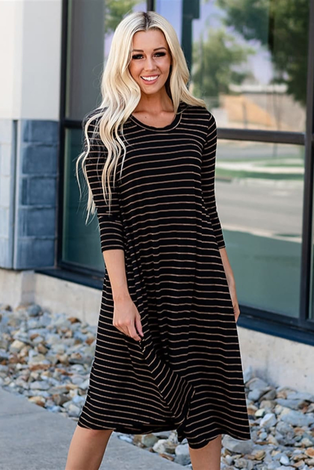 US$7.98 Black Striped 3/4 Sleeve Midi Dress Wholesale - www.dear-lover.com
