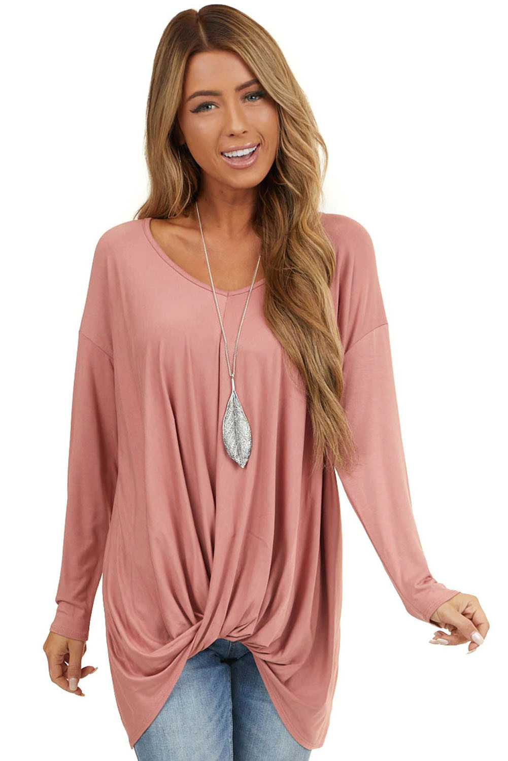 US$6.5 Pink Long Sleeve Top with Front Twist Wholesale Online