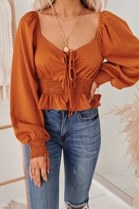 US$6.98 Long Sleeve Elastic Waist Crop Top Wholesale - www.dear-lover.com