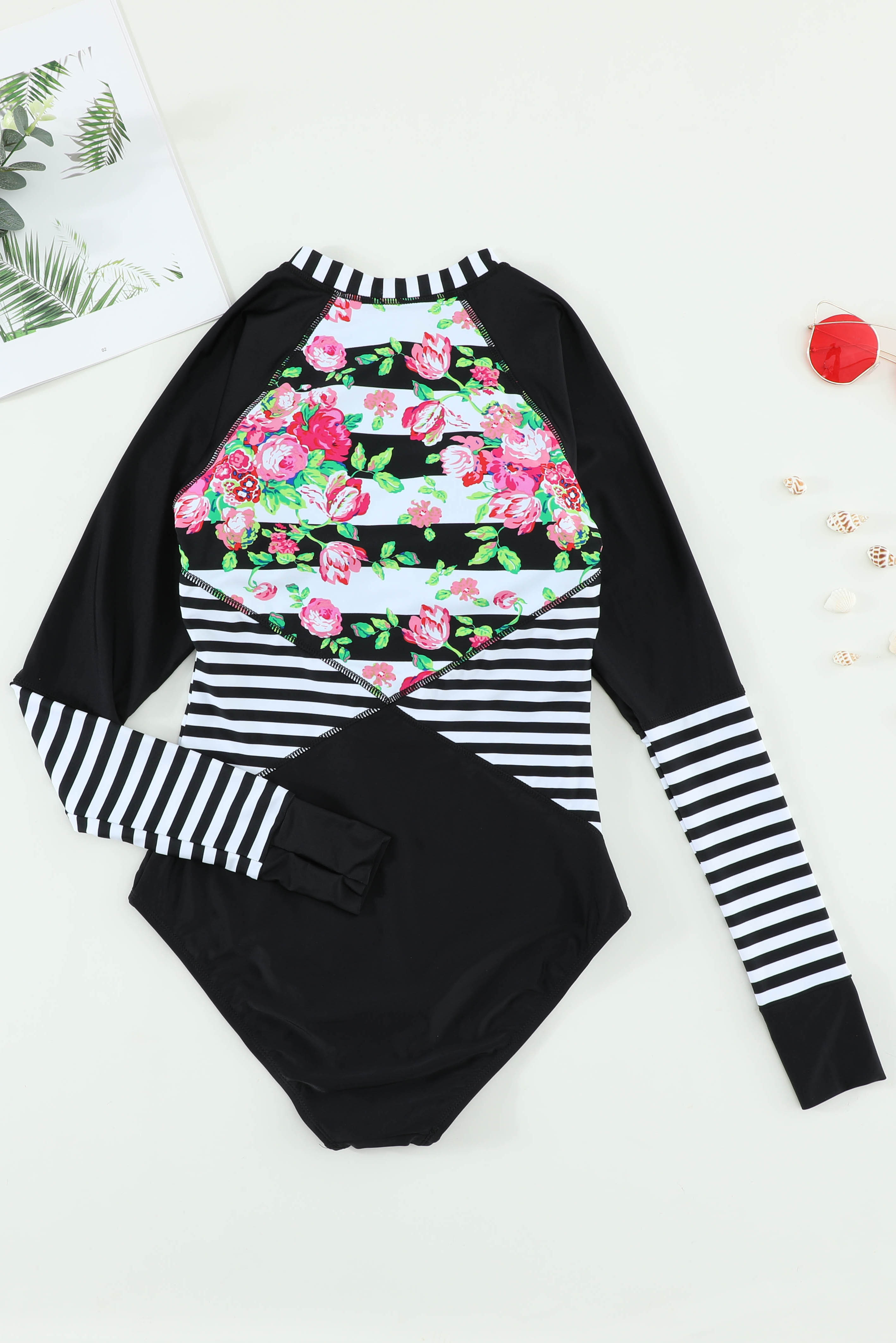 Dl Floral Striped Patchwork Rashguard One Piece Swimsuit
