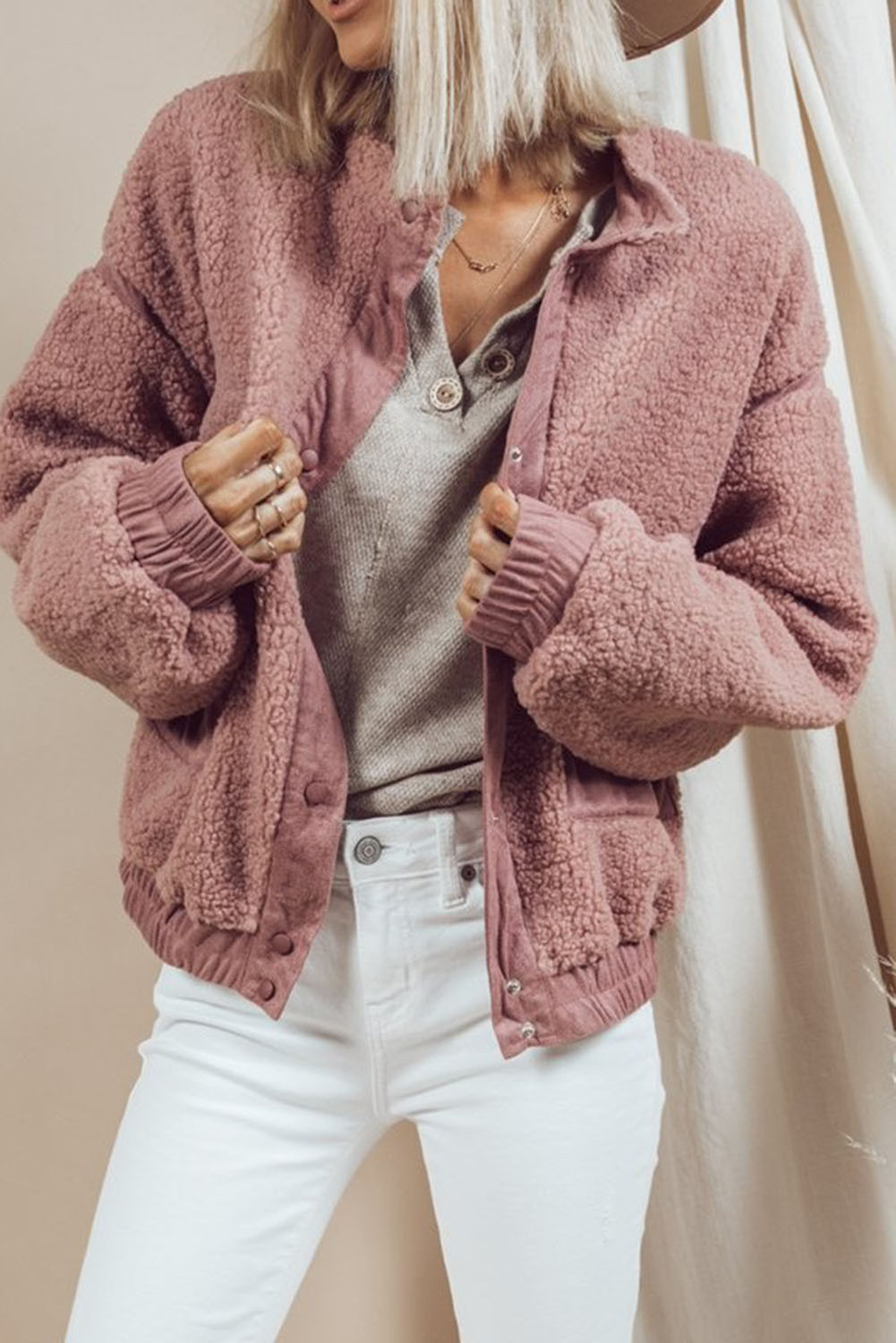 US$12.98 Pink Buttoned Faux Fur Sherpa Jacket with Pockets Wholesale ...