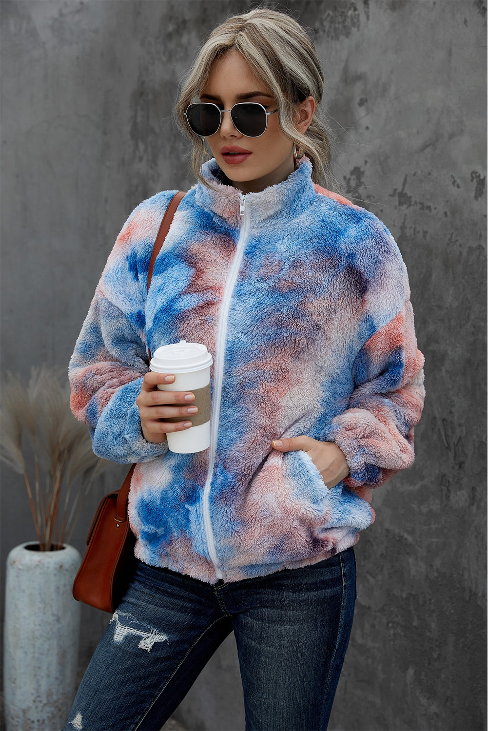 US$11.82 Blue Zip Front Tie-dye Sherpa Jacket Wholesale Online