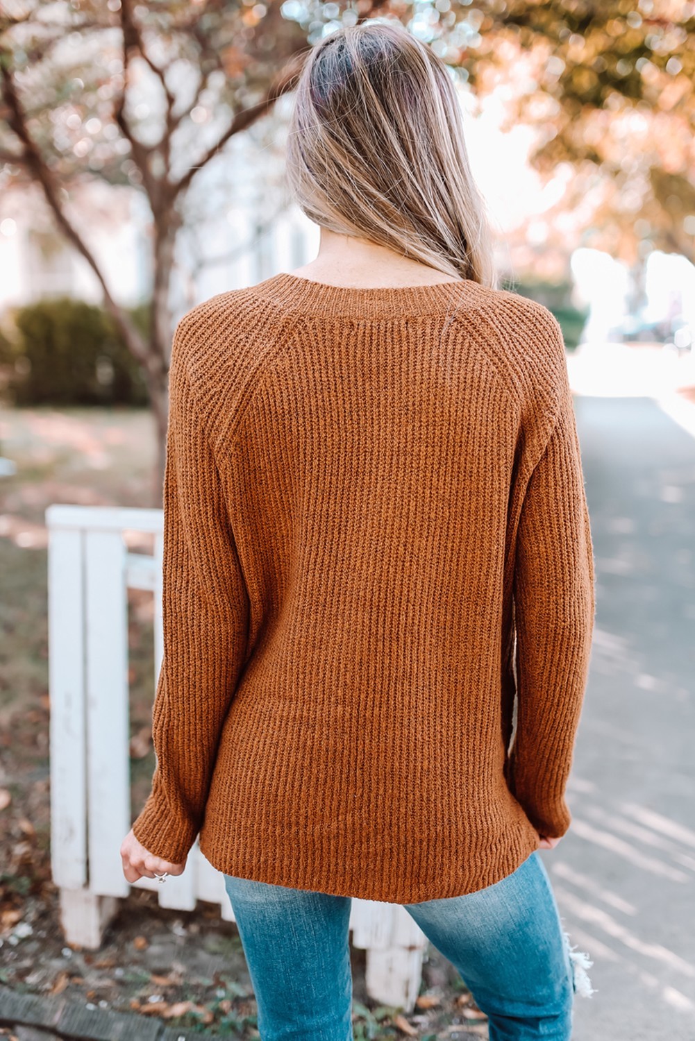 US$10.98 Brown Crew Neck Slim-fit Buttoned Knitted Sweater Wholesale ...