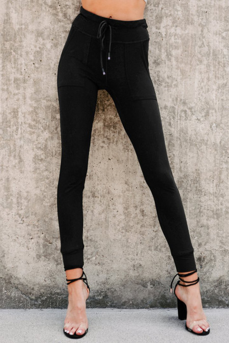 US$7.98 Black High Waist Drawstring Pocket Skinny Joggers Wholesale Online